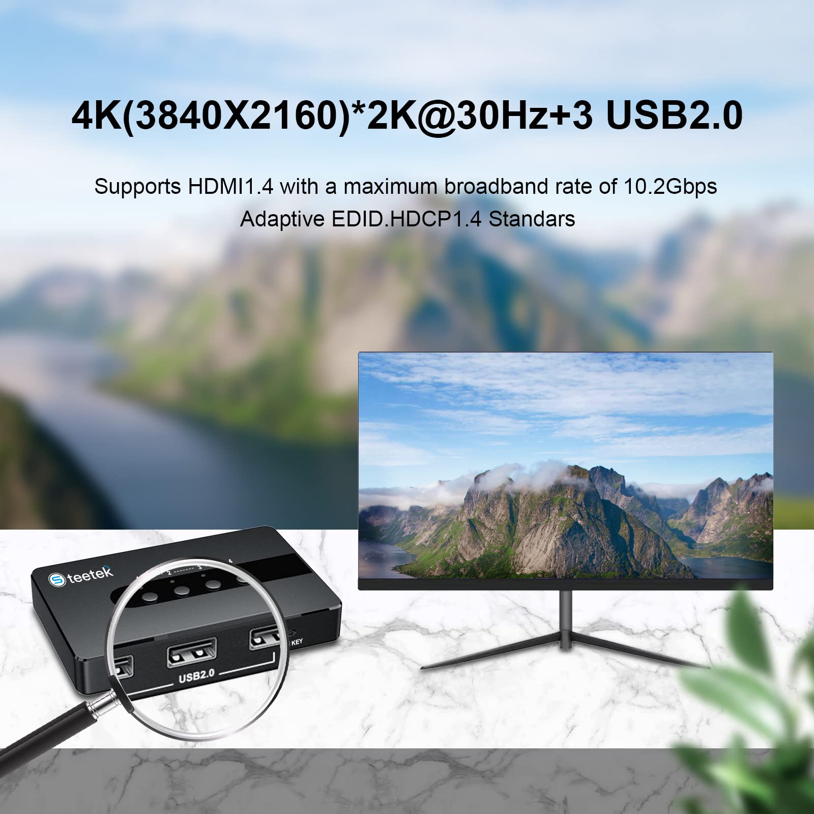 4x1 KVM Switch 4 Port HDMI Box, Ultra HD 4K@30Hz KVM with 3 USB 2.0 Hub, 4 Computers Share 1 Monitor, 4 Port HDMI KVM Switch Support Wired Remote Switch and Button Switch, with 4 HDMI and USB Cables
