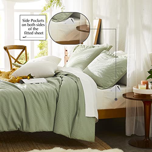 Geniospin Queen Comforter Set, Bed in a Bag Sage Green 7-Pieces, Botanical Pattern, All Season Comfortable Seersucker Bedding with Comforter, Sheets, Pillowcase & Shams (Queen, 90"x90")