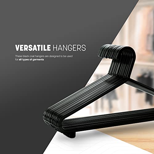 KEPLIN Adult Plastic Clothes Hangers β Black Hanger (50pk), Strong Coat Hangers for Closet with Suit Pants Trouser Bar and Clips, Space Saving, 14.8β Wide
