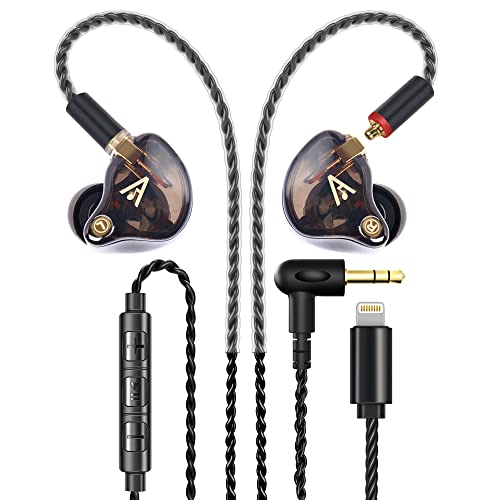 Audiovance Vibes 201ML Wired Earbuds in Ear Headphones with Mic, Lightning to 3.5mm Adapter & Braided Cord, Noise Isolating Bass Driven Earphones, Carry Case, Ear Buds Tips, 3.5mm Jack (Clear Brown)
