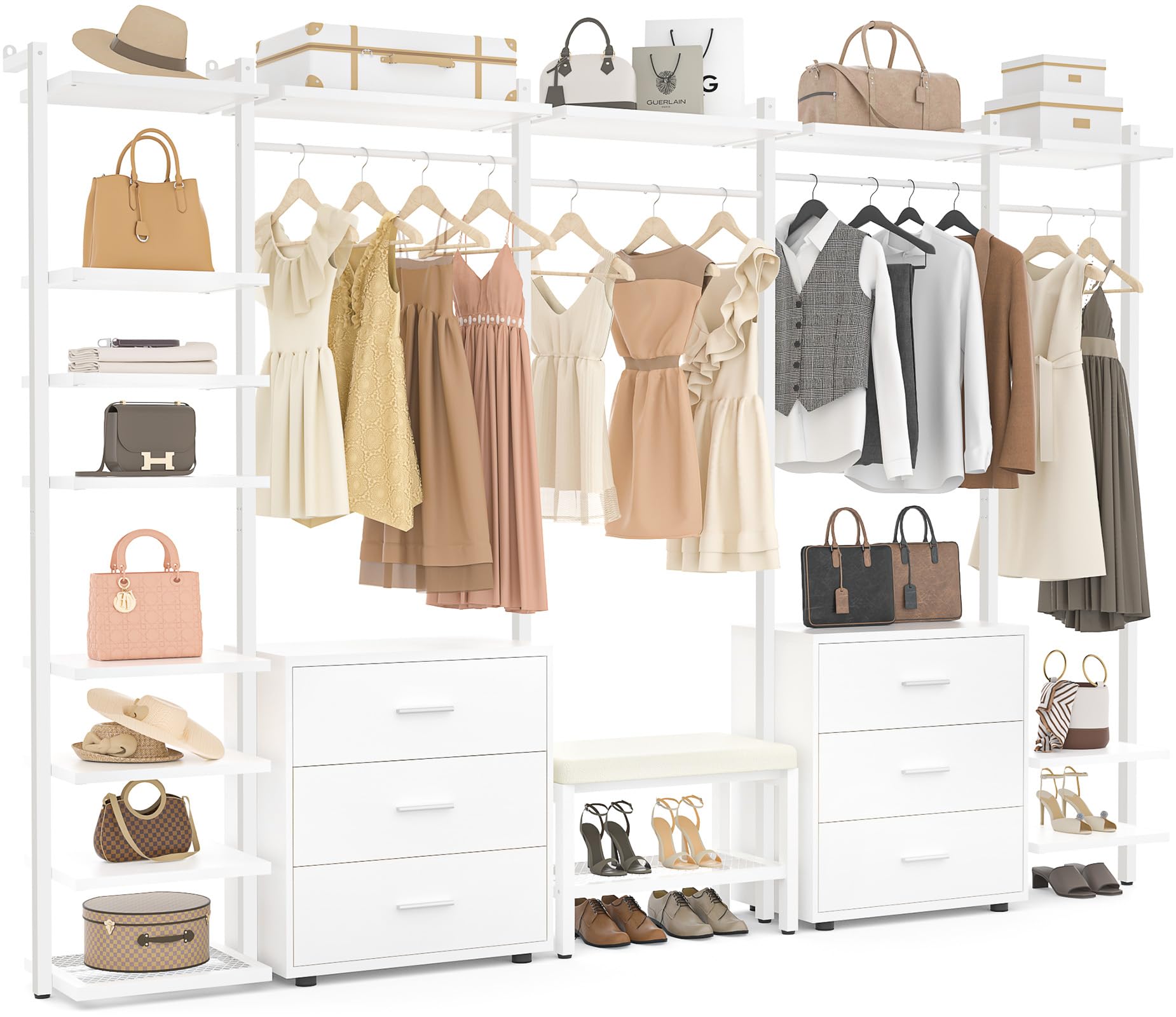 Aheaplus 8FT Closet Organizer Systems with 6-Drawers, 96'' Wood Closet Organizer with Storage for Walk In Closets, Clothing Rack Wardrobe Closet Garment Rack for Hanging Clothes, Bedroom, White