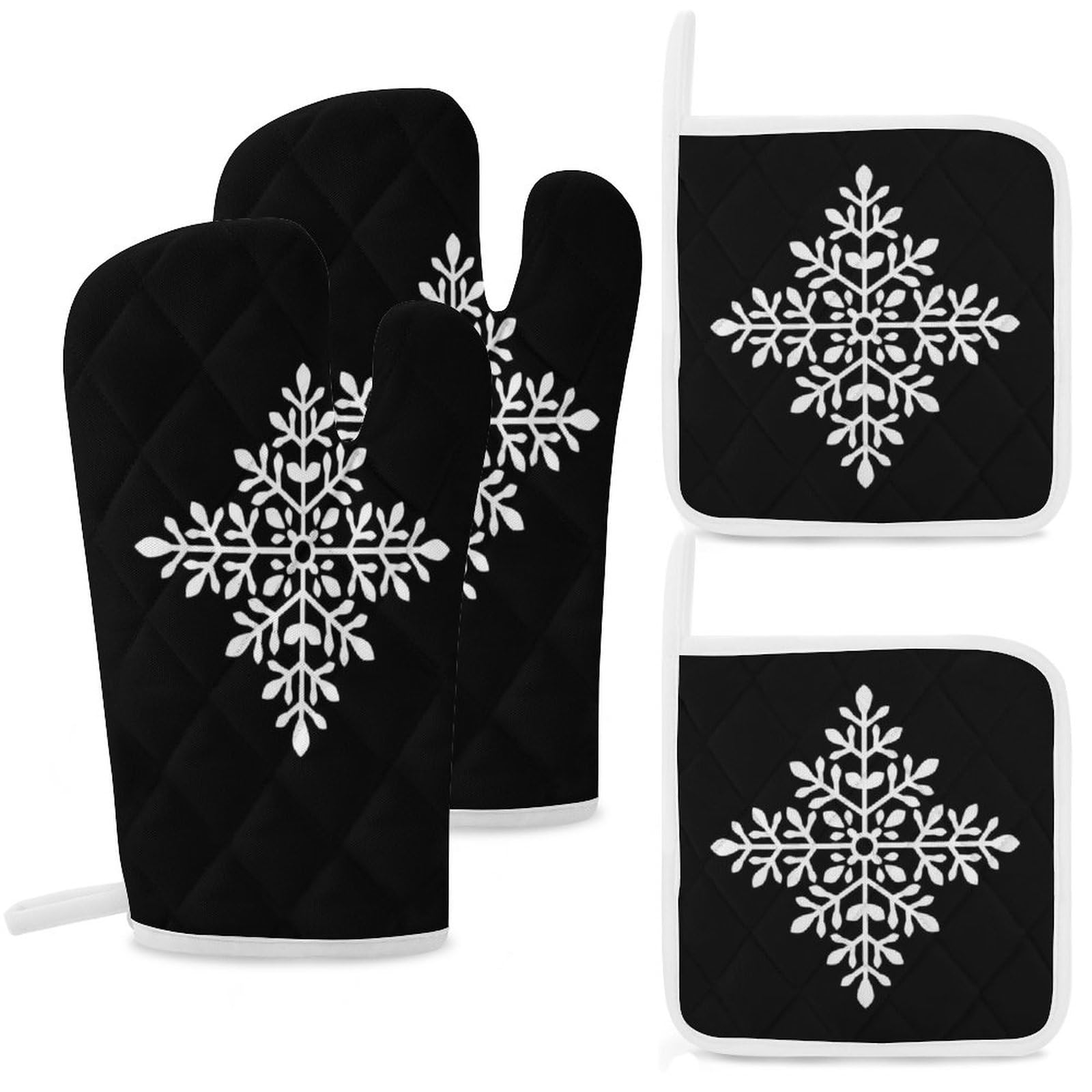 4PCS Oven Mitts and Pot Holders Sets, White Christmas Snowflake Black Oven Mitts Set Heat Resistant Kitchen Microwave Gloves Safe for Baking,Cooking, BBQ