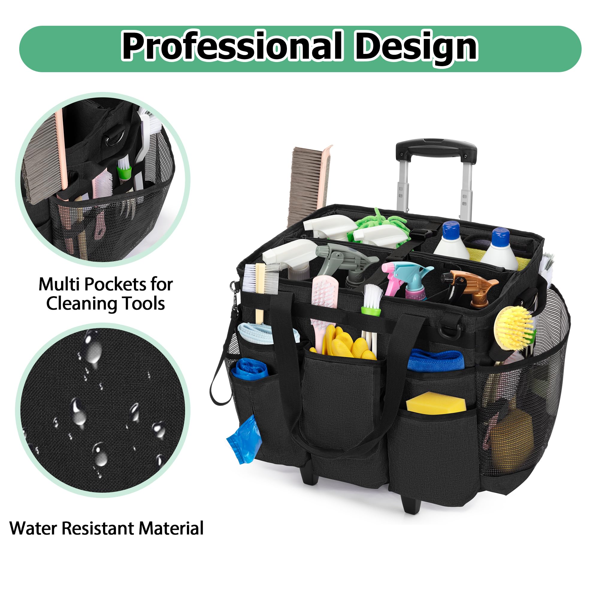 LoDrid Rolling Cleaning Bag with Detachable Trolley, Portable Cleaning Cart on Wheels for Cleaning Supplies, Professional Cleaning Caddy with Shoulder Strap for Housekeepers, Black (Patent Design)
