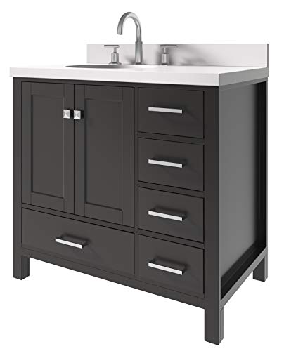 ARIEL Bathroom Vanity 37" Inch in Espresso with Pure White Quartz Counter-top, Left Offset Oval Sink, 2 Soft Closing Doors and 5 Full Extension Dovetail Drawers, No Mirror