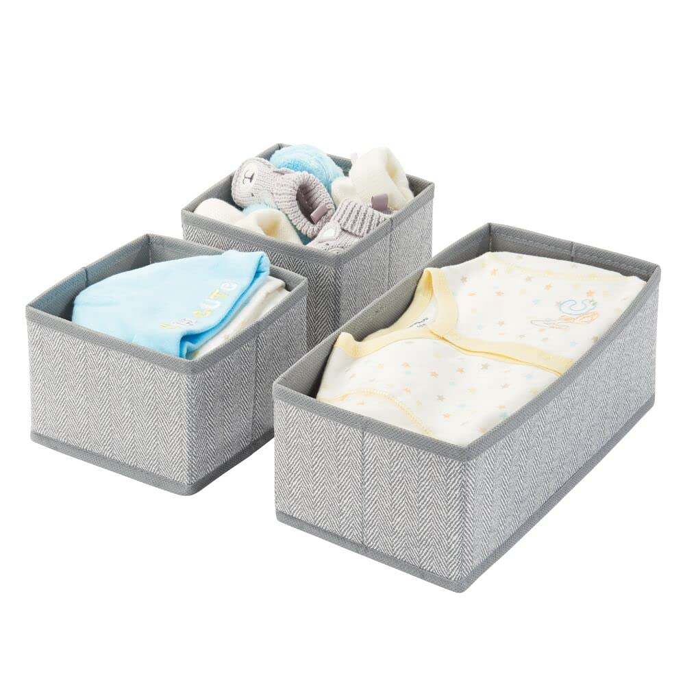 mDesign Fabric Drawer Divider Organizer Bin, Nursery/Bedroom Dresser, Closet, Shelf, Playroom Organization, Hold Clothes, Toys, Diapers, Bibs, Lido Collection, Set of 3, 4 Pack, Gray Herringbone