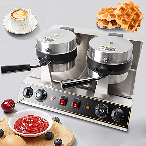 Commercial Dual-Head Rotating Non-Stick Round Belgian Waffle Maker - 1500W 7 Inch Stainless Steel Waffle Iron Machine for Restaurant or Bakery - Temperature and Time Control, 110V