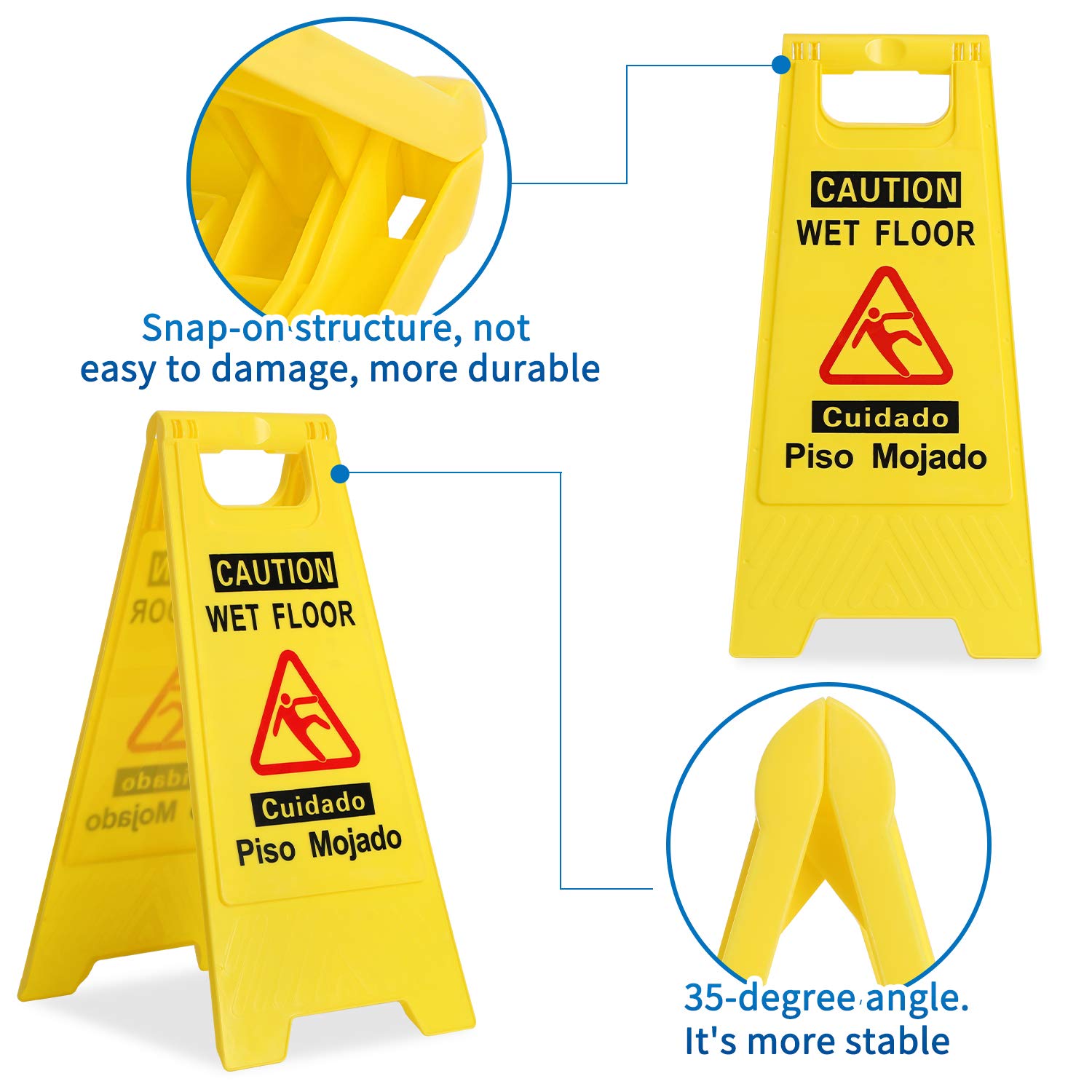 CERLMLAND Caution Wet Floor Sign, Foldable Sturdy Bilingual Double-Sided Safety Warning Signs for Commercial Use (3-Pack Yellow)