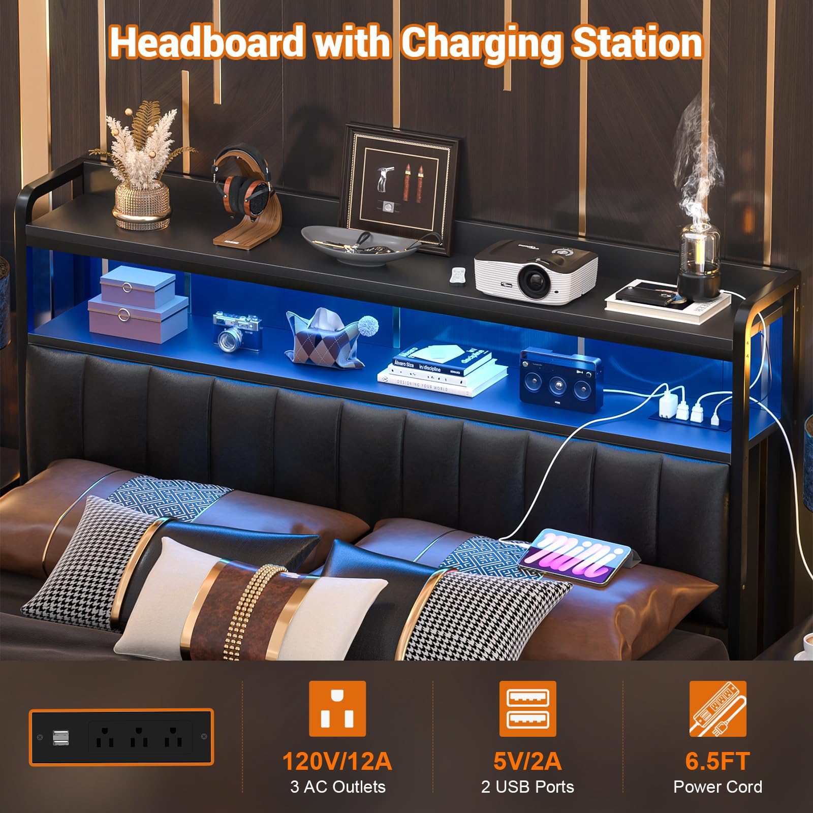 Aheaplus Headboard for Full Size Bed Frame, Upholstered Headboards with Outlets, USB Ports and LED Light, Leather Head Board with Storage, Height Adjustable, Comfortable Headboard, Full Size, Black