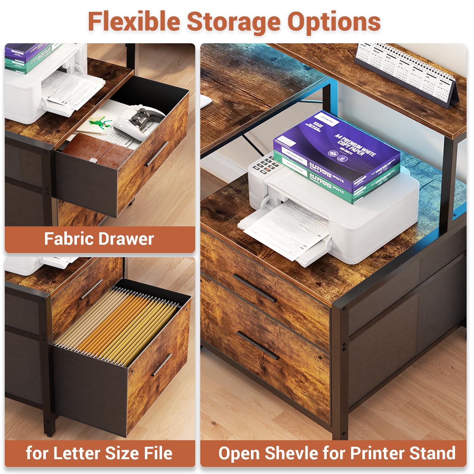 Aheaplus L Shaped Desk with File Drawer, 72.8" Reversible L Shaped Computer Desk with Power Outlet & LED Strip, Gaming Desk with Monitor Stand, Office Desk Corner Desk with Storage Shelf, Rustic Brown