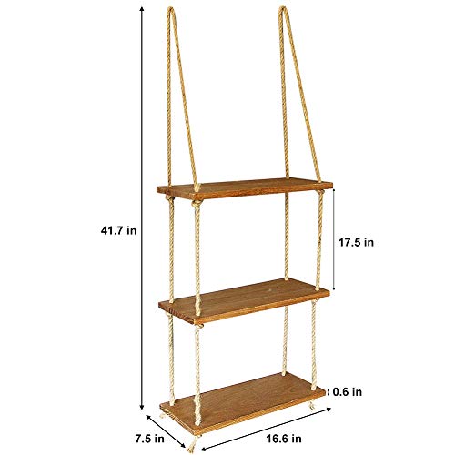 SAND MINE 3 Tier Wood Hanging Shelf, Floating Wall Swing Storage Shelves, Jute Rope Organizer Rack, Wall Shelf Plant Shelf Rope Shelf Storage Shelf Swing Shelf Floating Shelves Handmade Shelves