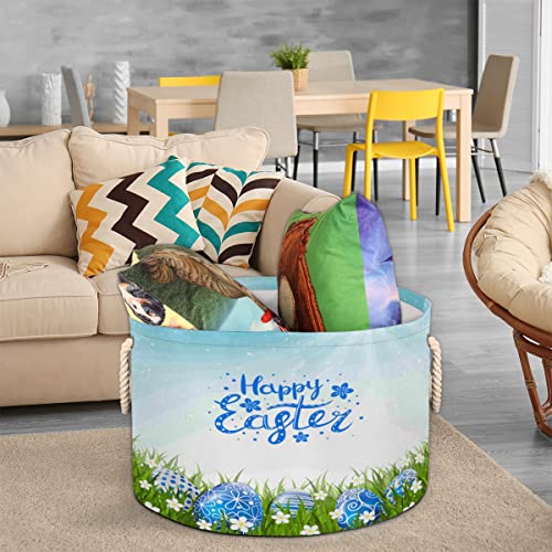 Easter Eggs Blue Large Round Baskets for Storage Laundry Baskets with Handles Blanket Storage Basket for Bathroom Shelves Bins for Organizing Nursery Hamper Girl Boy
