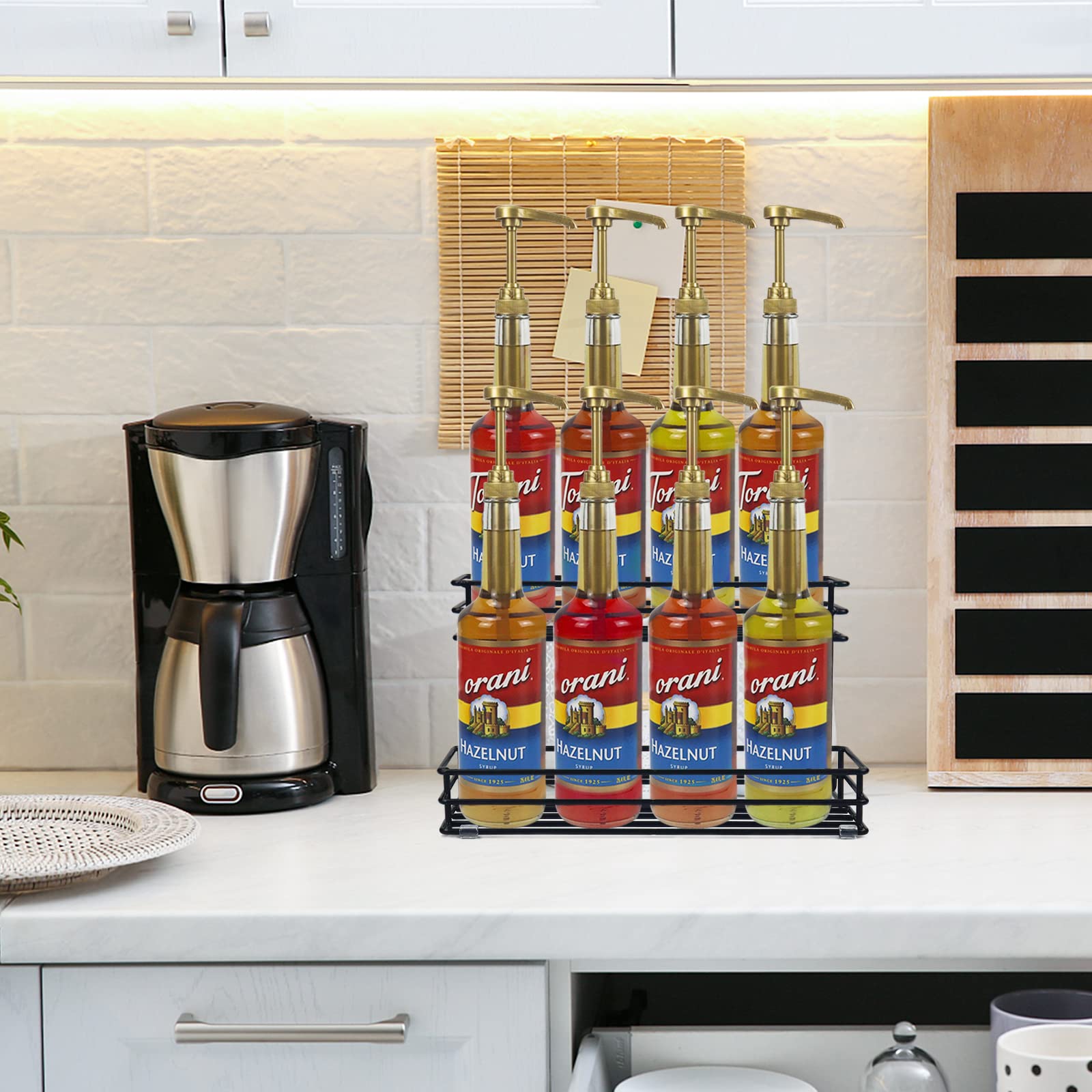 8 Bottle Coffee Syrup Organizer Rack, 2 Tier Coffee Syrup Bottle Stand Holder for Coffee Bar, Premium Wine Bottle Rack, Countertop Freestanding Tabletop Liquor Wine Rack for Dressings Cocktail(Black)