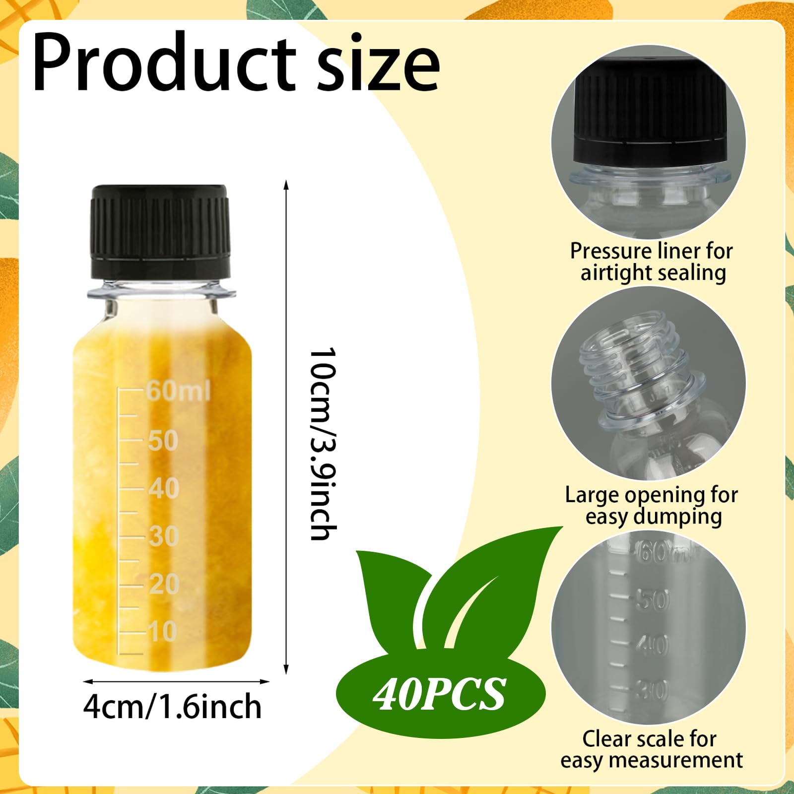 40 Pcs 2oz Plastic Bottles for Liquids Small Clear Ginger Shots Bottles with Black Caps Travel Bottles Mini Water Bottle with Scale for Vanilla Hot Sauce Juice Whiskey Liquid come with Labels,4 Funnel
