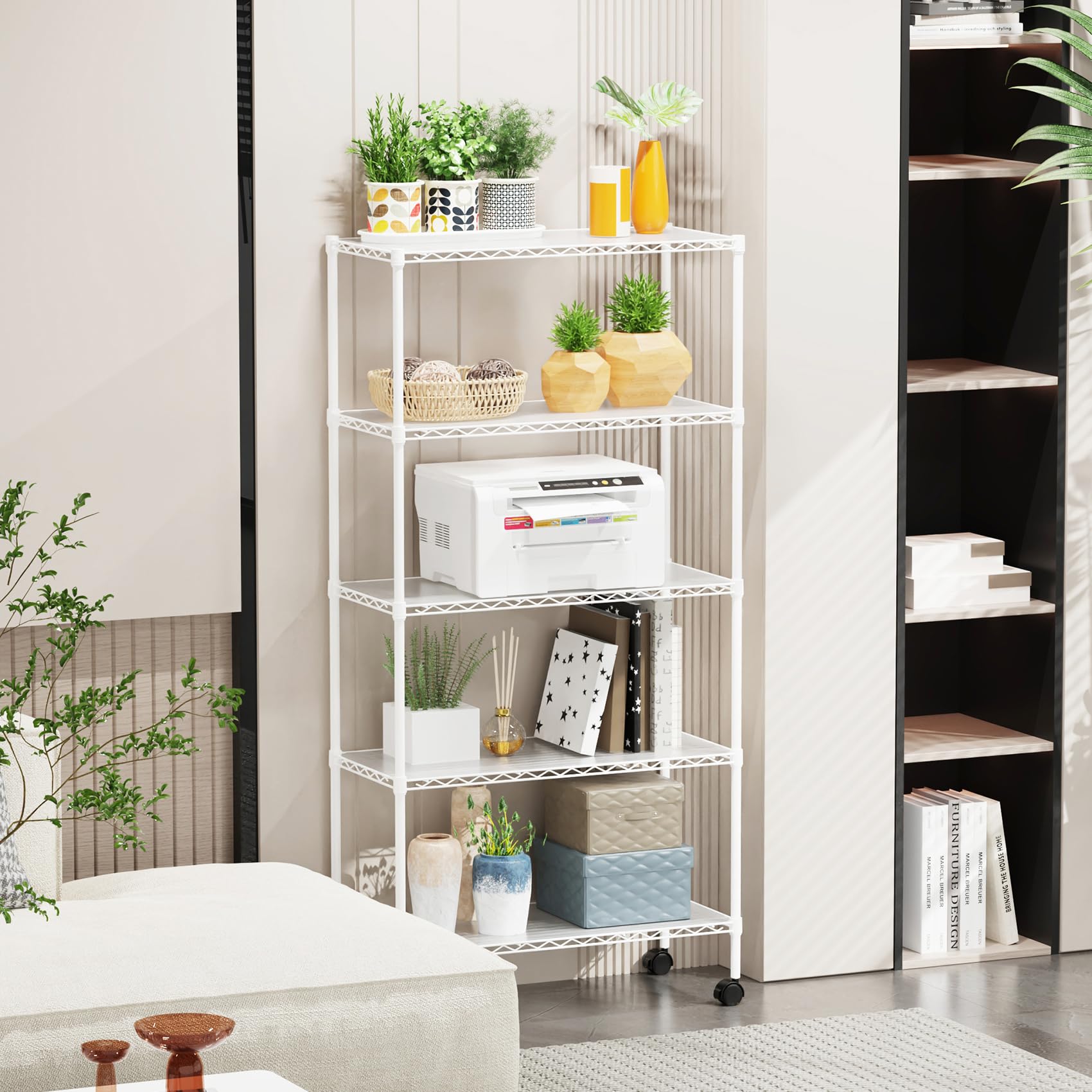 5 Tier NSF Wire Shelf Shelving Unit, 14 x 30 x 60 Inch 750lbs Capacity Adjustable Storage Metal Rack with Wheels/Leveling Feet & Shelf Liners, Ideal for Garage, Kitchen, Office Home and More - White