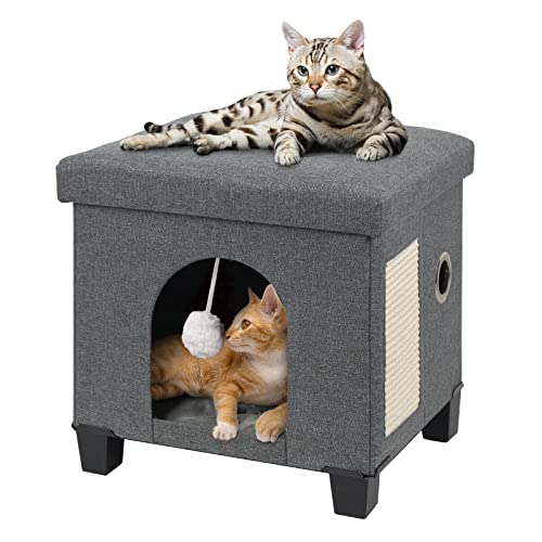 BRIAN & DANY Foldable Cat Bed for Indoor Cats, Large Cat Cube for Pet Cat House with Cat Scratch Board & Cat Ball, 14.7β x 12.7β x 14.1β, Grey