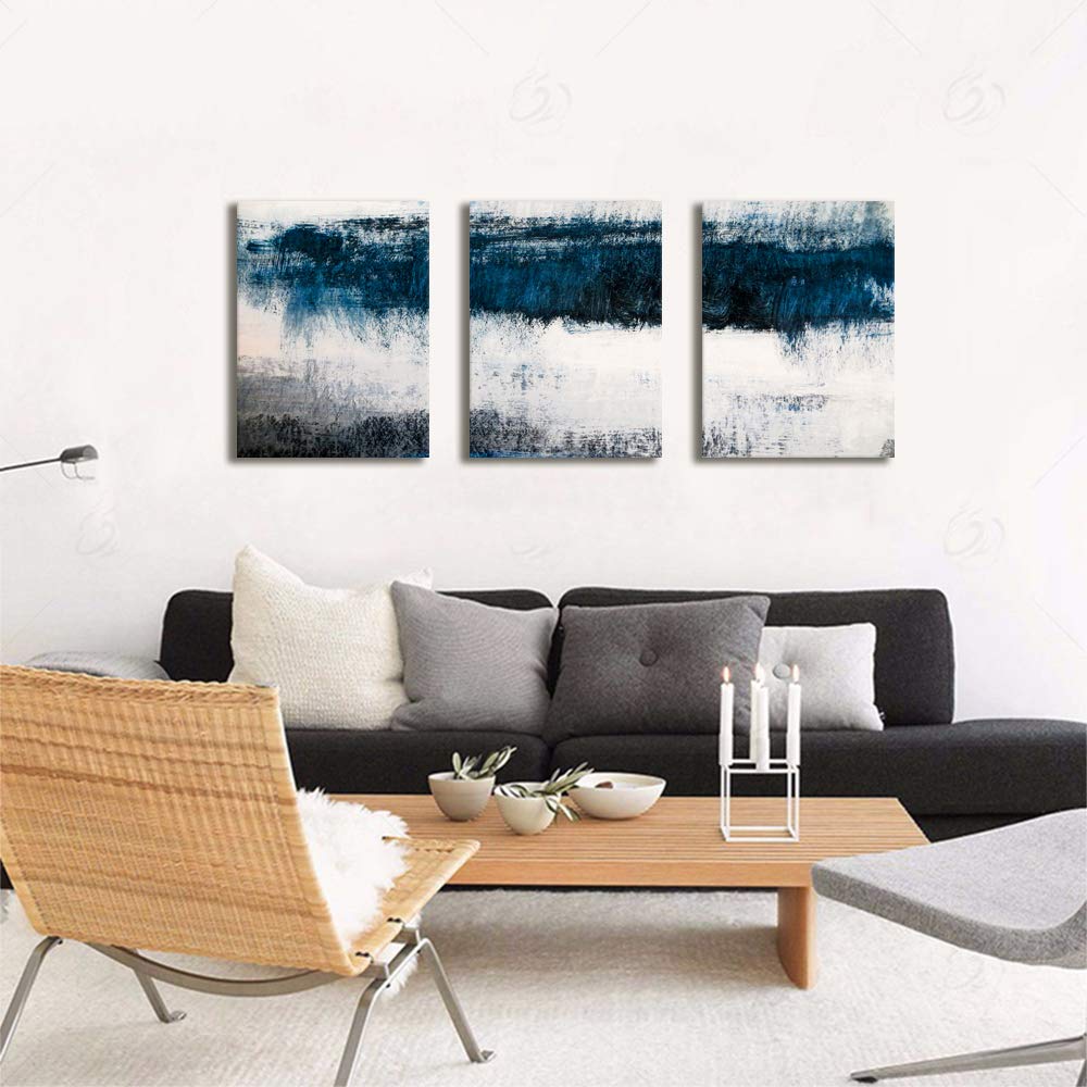 Abstract Canvas Wall Art Prints Painting Navy Blue Tones Modern Creative Artwork 3 Panels/Set Framed Bathroom Pictures Ready to Hang for Living Room Bedroom Office Kitchen Decorations 12"x16"x3…