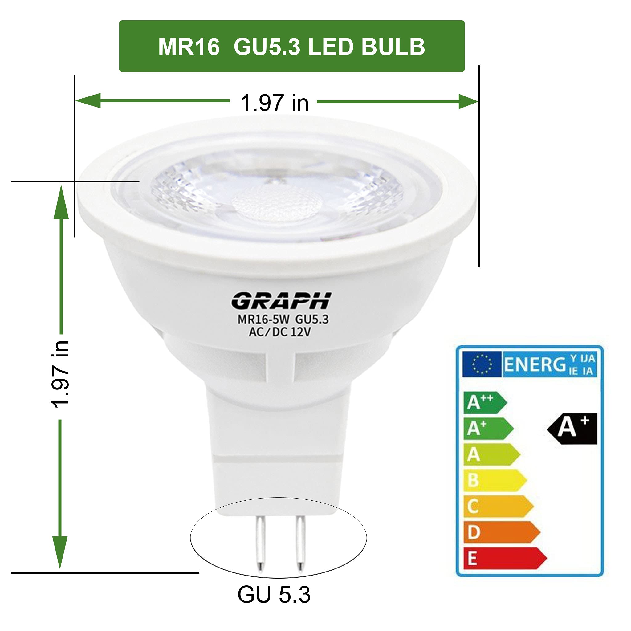 5W MR16 LED Light Bulb, 5000K Daylight, 50W Halogen Bulb Equivalent, 500 Lumens, 38 Degree, AC/DC12V, GU5.3 Base, Non-Dimmable, 6 Pack, by Graph