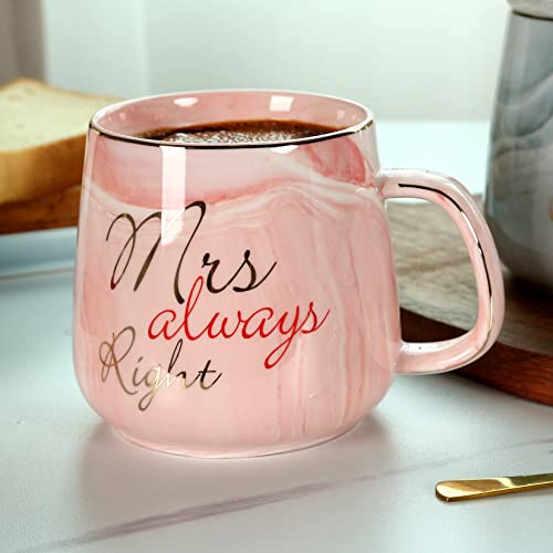 Mr Right Mrs Always Right Couple Coffee Mugs Cups - Bridal Shower Wedding Anniversary Valentine's Day Gift - Bride and Groom Newlyweds Married Couples Ceramic Marble Couple Cups Mugs Set (13.2 oz )