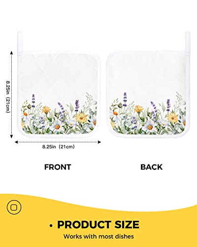 4Pack Pot Holders Cotton Heat Resistant Oven Hot Pads, Daisy Lavender Flowers Potholder Cloth Potholders for Daily Kitchen Baking and Cooking with Hanging Loops - Spring Summer Floral Green Leaves