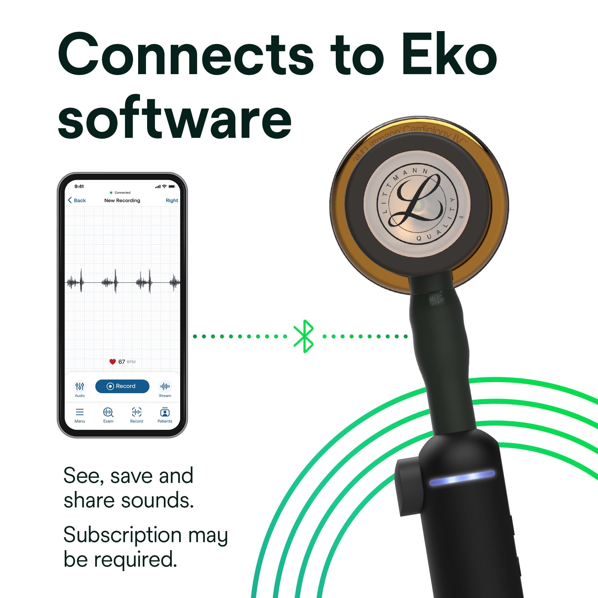 3M Littmann CORE Digital Stethoscope, Our Most Advanced Stethoscope Yet, Up To 40x Amplification*, Active Noise Cancellation, In-App Sound Wave Visualization, High Polish Copper Chestpiece, 8870