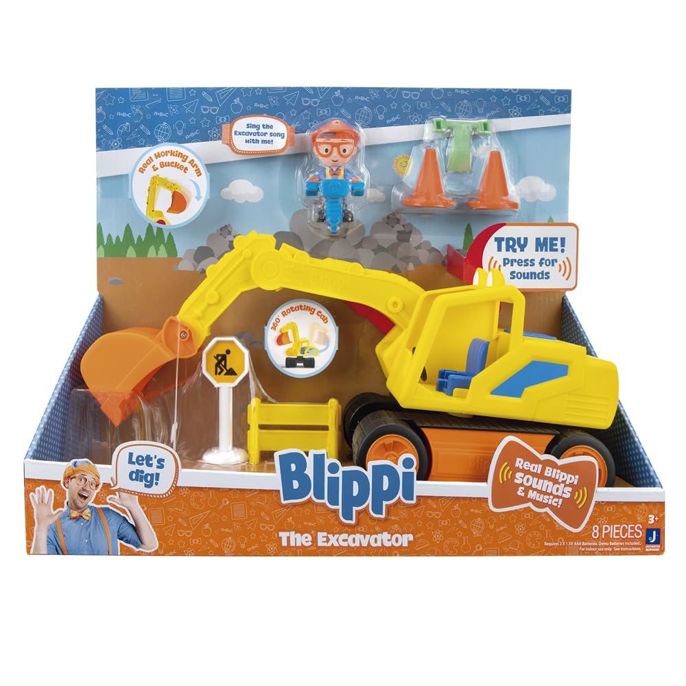 Blippi Excavator - Fun Freewheeling Vehicle with Features Including 3 Construction Worker, Sounds and Phrases - Educational Vehicles for Toddlers and Young Kids, Yellow, Multicolor, Pack 1