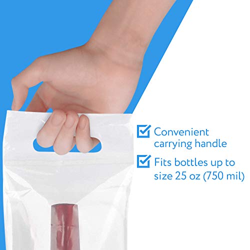 IMPRESA - Clear Plastic To Go Wine Bags with Handles - 50 Pack - Great for Restaurants, Bars, Travel, and Housewarming Gifts - Fits 25 oz Bottles - Tamper Proof Seal