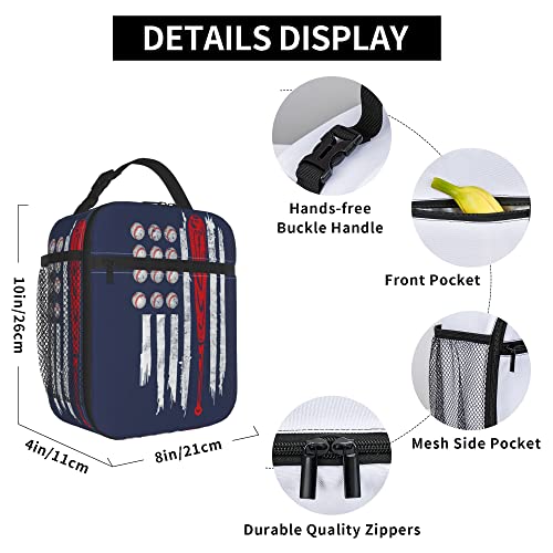 Baseball American Flag Insulated Lunch Bag Lunch Box Lunch Tote Cooler Reusable Lunch Pail Outdoors Meal Bag For Women Men