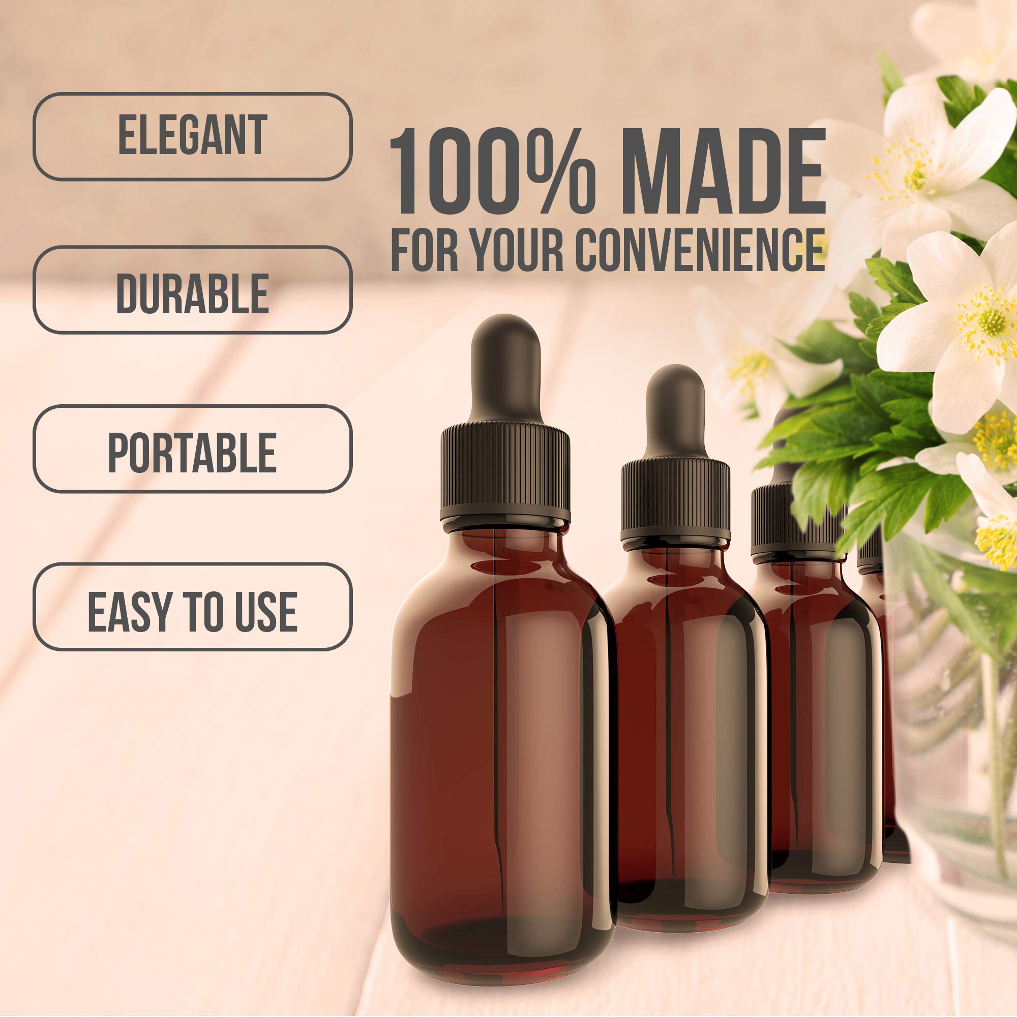 Nylea 12 Pack Essential Oil Dropper Bottles - Round Boston Empty Refillable Amber Bottle with Glass Dropper for Liquid Aromatherapy Fragrance Lot - (2 oz) 60ml