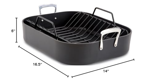 All-Clad E87599 Hard Anodized Aluminum Scratch Resistant Nonstick Anti-Warp Base 16-Inch by 13-Inch Large Roaster Roasting Pan with Nonstick Rack/Cookware, Black