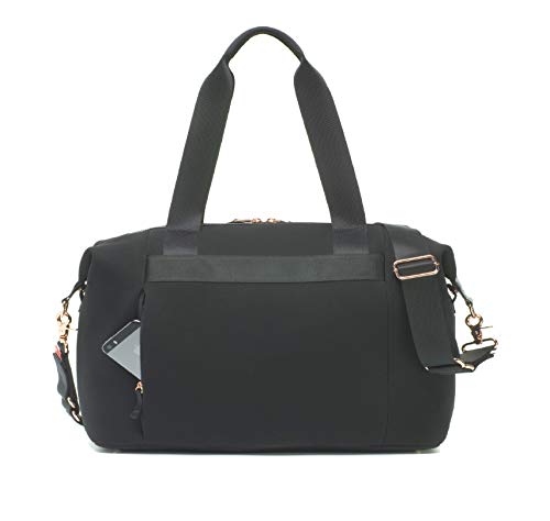 Stevie Luxe Scuba Black Modern Style Baby Diaper Bag by Storksak | Water-Resistant, Large Capacity Multi-Functional Bag with Smooth Leather Trim and Rose Gold Hardware | Shoulder and Stroller Straps