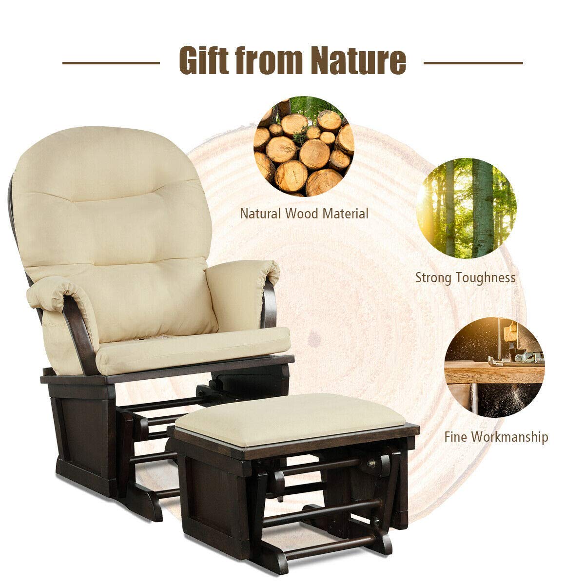 Enjoy Relaxing Home, Office, Sofa Recliner Deluxe Ergonomic Rocking Chair Lounge Glider Ottoman w/Footrest, Beige Brown