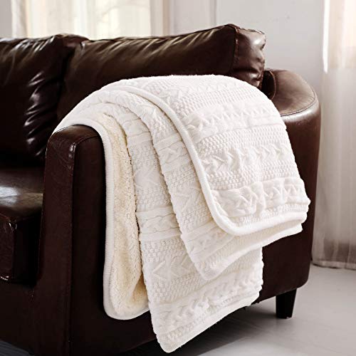 Longhui bedding Acrylic Cable Knit Sherpa Throw Blanket β Thick, Soft, Big, Cozy Ivory White Knitted Fleece Blankets for Couch, Sofa, Bed β Large 50 x 63 Inches Ivory White Coverlet All Season