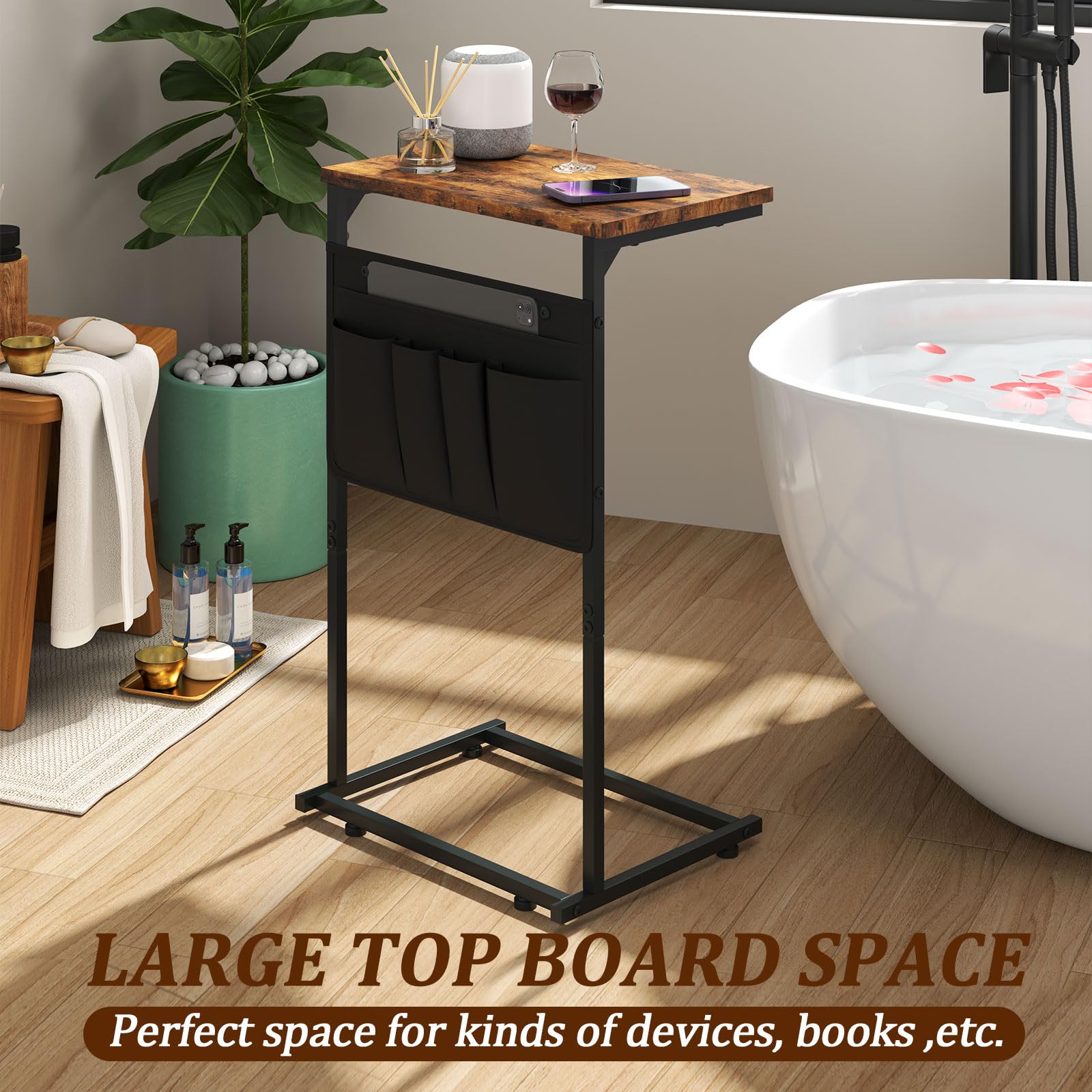 ZERDER C Shaped End Table, Small Side Table with Storage Bag for Couch, Sofa Table with Metal Frame for Living Room and Bedroom Bedside, Rustic Brown ZER-007Br