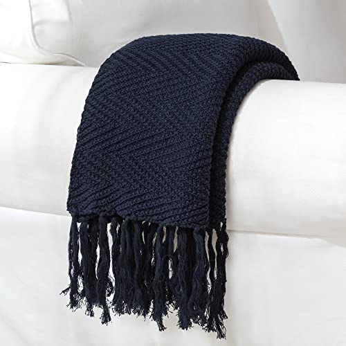 Longhui bedding Fringe Knit Cotton Throw Blanket, 50 x 60 Inch Decorative Knitted Cover with 6 Inches Tassels, Bonus Laundry Bag β 2.5lb Weight, Couch Blankets, Dark Navy Blue