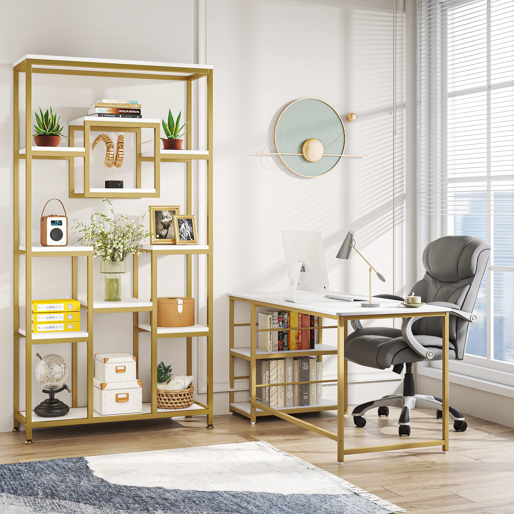 Tribesigns 71" Gold Etagere Bookshelf, Modern 11-Tier Tall Open Display Bookcase Bookshelves, Free Standing Book Shelf for Living Room, Bedroom, Home Office, Gold & White