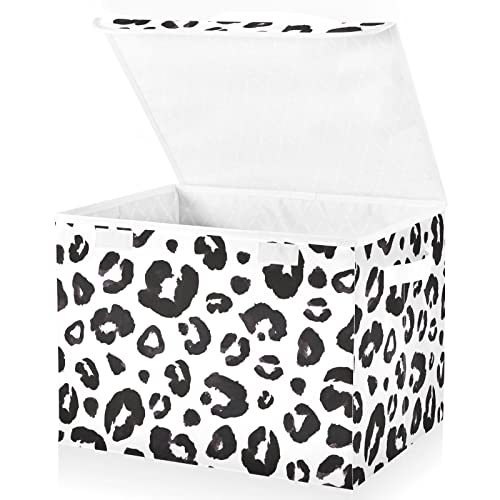 SUABO Leopard Print Cheetah Black White Storage Bin with Lid Large Oxford Cloth Storage Boxes Foldable Home Cube Baskets Closet Organizers for Nursery Bedroom Office