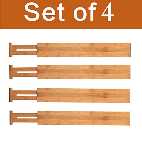 Vinkki Bamboo Drawer Divider 4 Pack Kitchen Utensil Drawer Organizer Separators Spring Adjustable & Expendable Drawer Dividers Eco-Friendly Bamboo Drawer Partitions Divider for Kitchen Desk