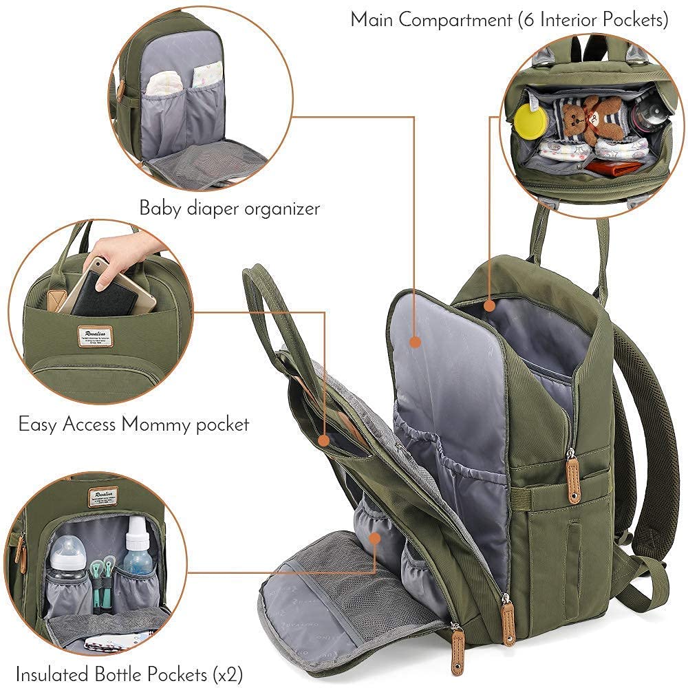 RUVALINO Diaper Bag Backpack, Stroller Hooks, Multifunction Travel Green Baby Back Pack with Changing Pad, Universal Stroller Clips for Mom Dad