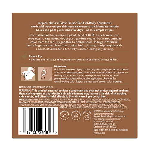 Jergens Natural Glow Instant Sun Sunless Tanning Towelettes, Single-Use Self Tanner Wipes for Flawless, Natural-Looking Color, 6 Count