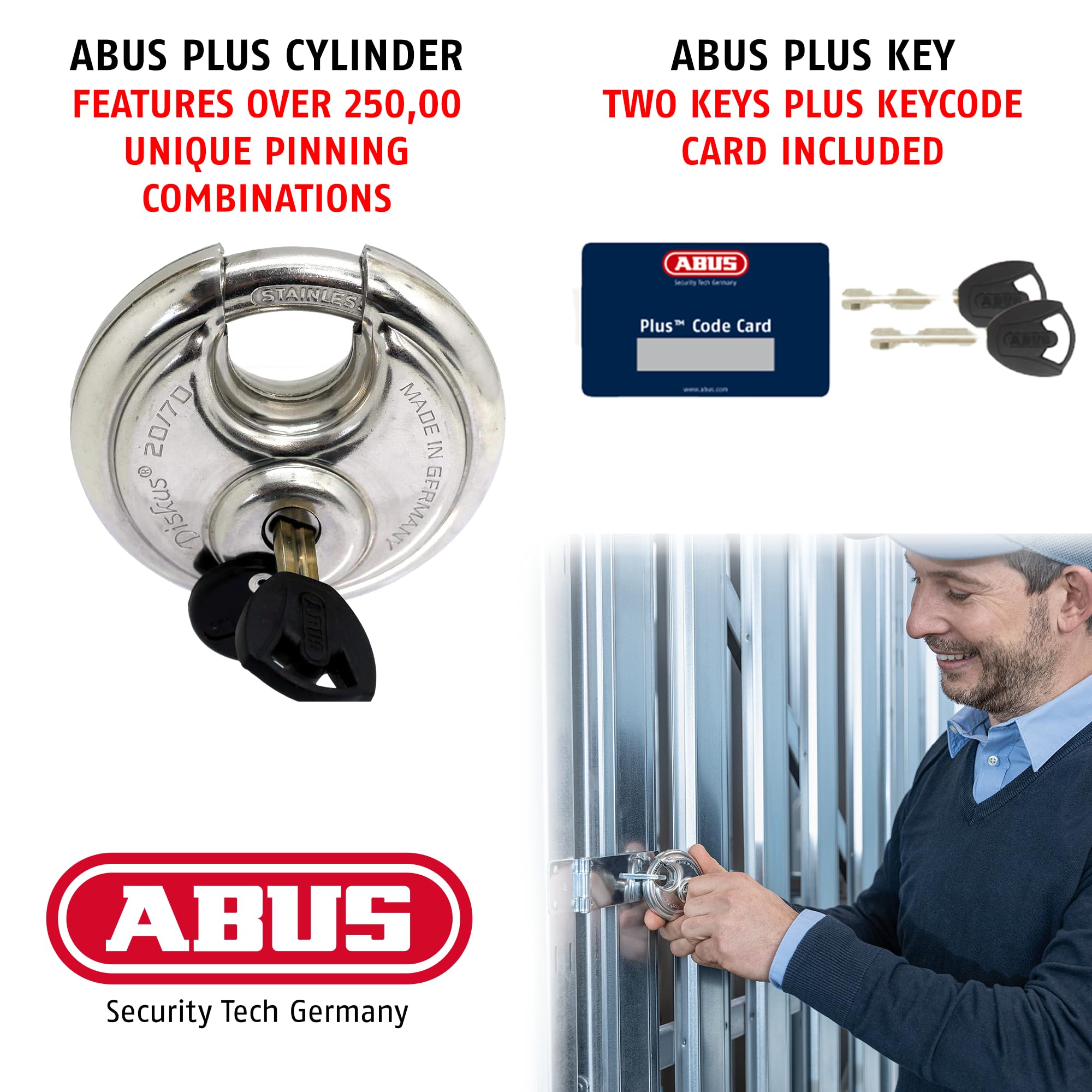 ABUS Diskus 20/70 Heavy Duty Stainless Steel Disk Padlock - Rustproof Circle Storage Lock with 3/8" Shackle - Made in Germany - Keyed Different