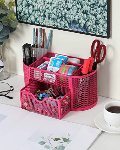 EasyPAG Desk Organizer Mesh Desktop Office Supplies Multi-functional Caddy Pen Holder Stationery with Drawer,Pink