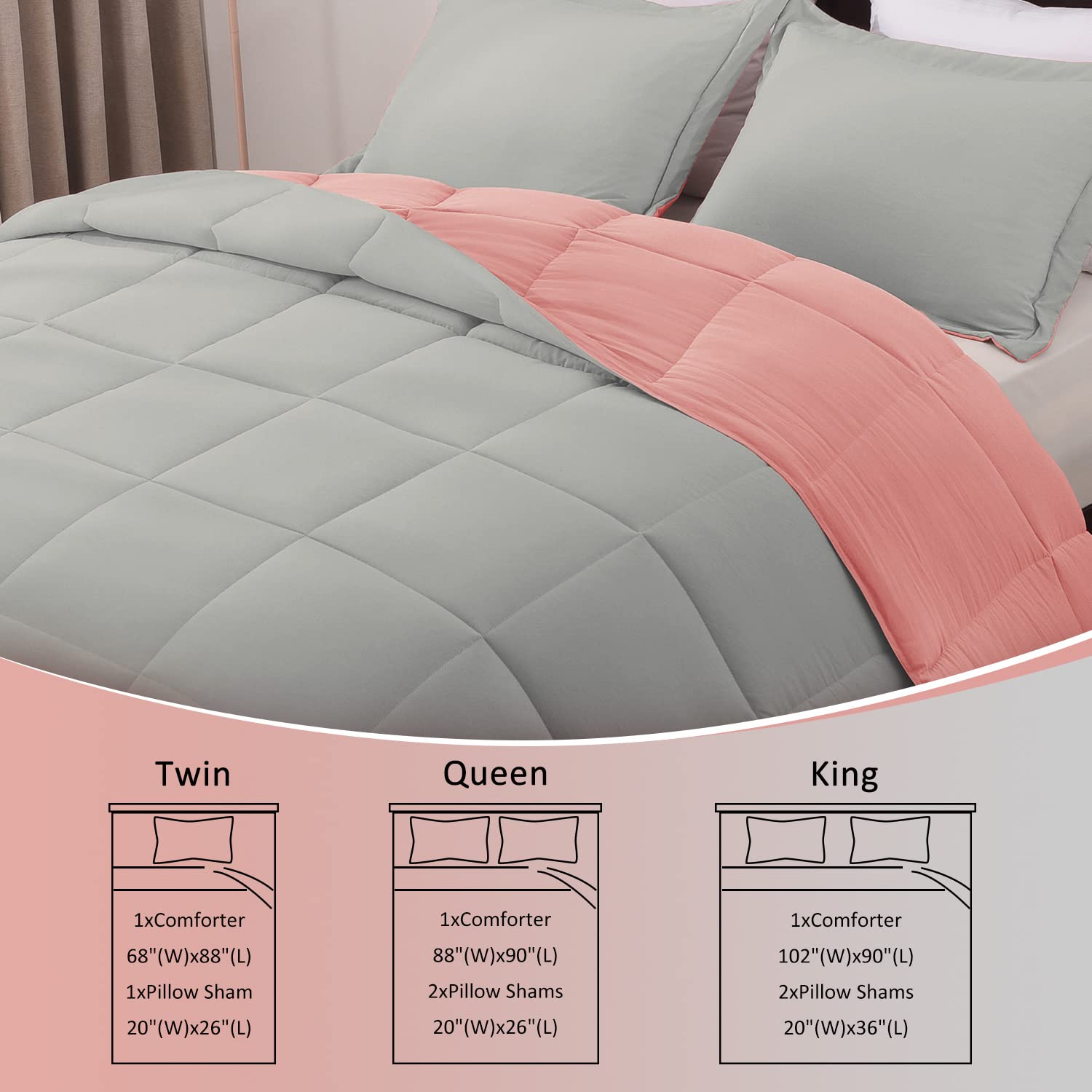 Basic Beyond Twin Comforter Set for Girls and Boys - Fluffy Twin Bed Comforter Set for All Seasons - Reversible Pink and Grey Twin Comforter Set - 2 Pieces (1 Comforter + 1 Pillow Sham)
