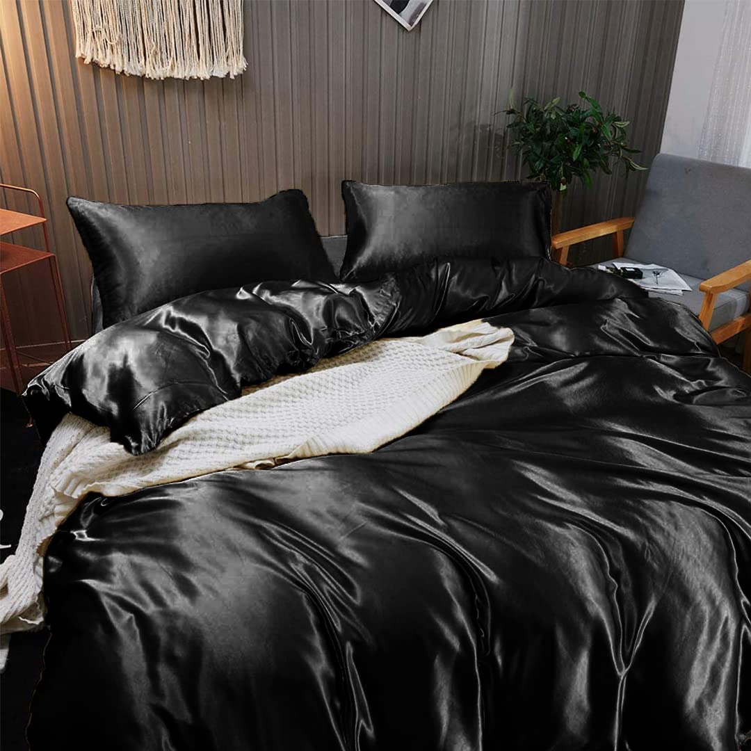 Rico Bedding 100% Pure Silk Satin Duvet with Fitted Sheet Set 4pcs, Silk Satin Fitted Sheet 15'' Deep Pocket,Silk Satin Duvet Cover,Silk Satin Pillowcases Set !!!(Queen Black)