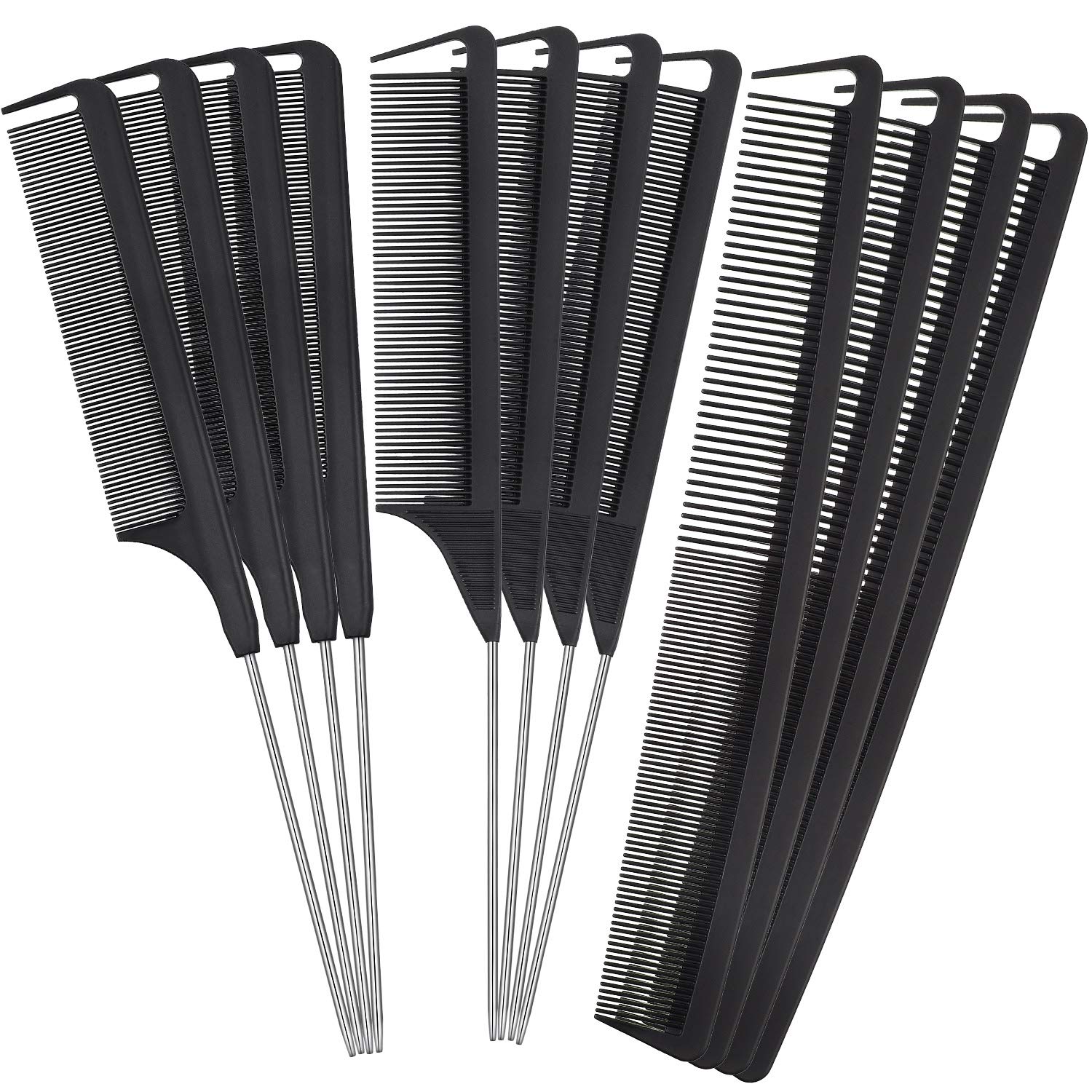 Patelai 12 Pieces Parting Comb for Braids Rat Tail Steel Pintail Fine Teeth Heat Resistant Teasing Combs with Stainless Steel Pintail(Black)