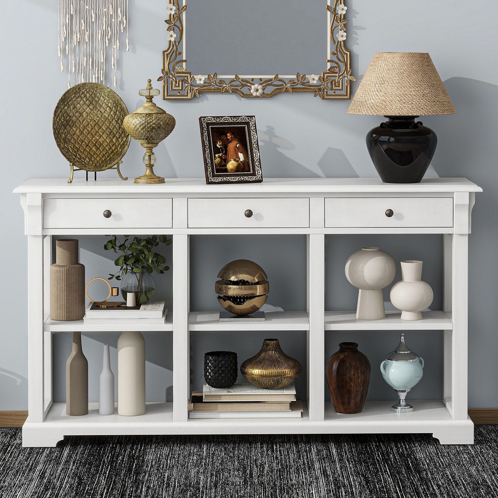 58 inch Console Sofa Table Retro Buffet Sideboard Behind Couch Table Foyer Tables for Entryway Hallway Bathroom Living Room with 3 Drawers and 2 Tiers Shelves, White