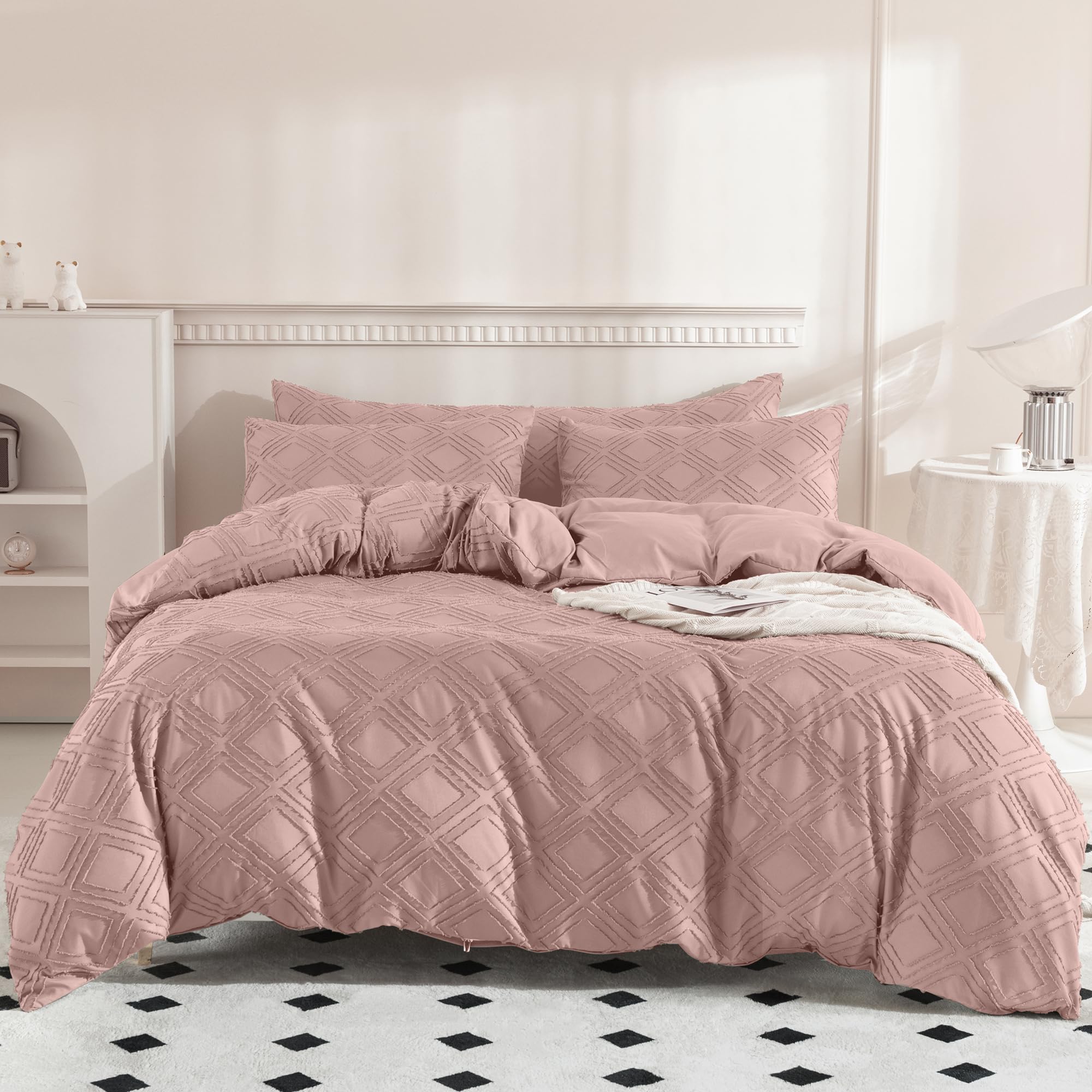 JELLYMONI Pink Duvet Cover Queen Size - Microfiber Tufted Duvet Cover Set, Boho Textured Duvet Cover Jacquard Rhombus Geometric Pattern Duvet Cover with Corner Ties & Zipper Closure