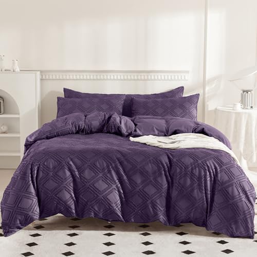 JELLYMONI Duvet Cover King Size - Purple Microfiber Tufted Duvet Cover Set, Boho Textured Duvet Cover Jacquard Rhombus Geometric Pattern Duvet Cover with Corner Ties & Zipper Closure