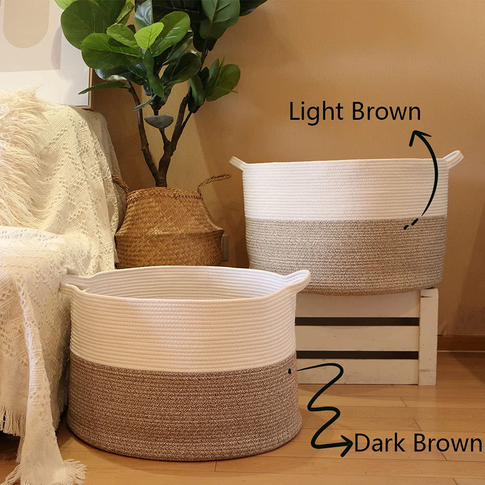 Basket Idea Extra Large Laundry Gift Basket( 21.7''x21.7''x13.8'' Inches Light Brown and White) Woven Cotton Storage Basket for Blankets Toys Clothes and Other Sundries to Make Your Home Look Neater