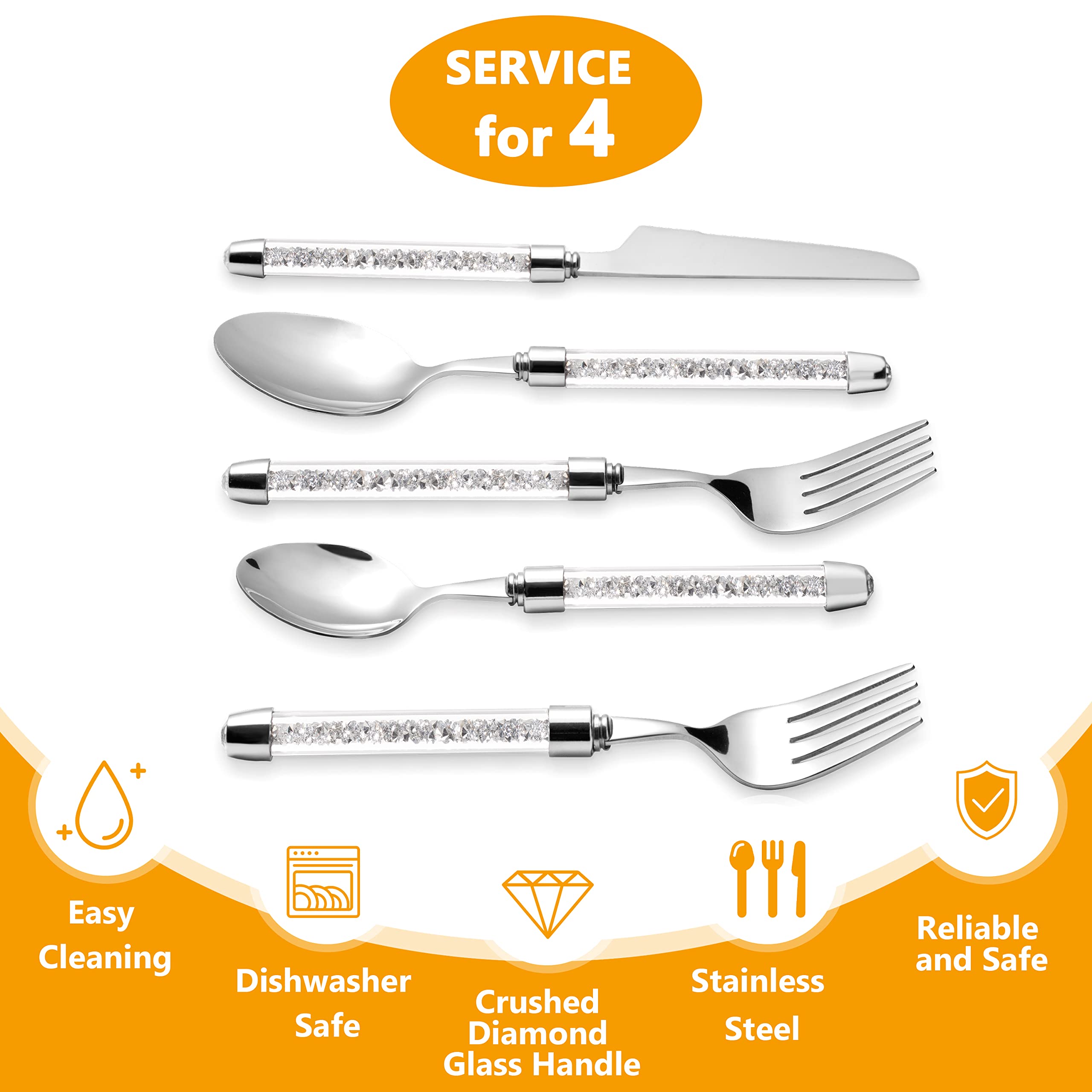 SHYFOY Bling Silverware Set, 20 Piece Flatware Cutlery Set, Modern Crystal Glass Handle, 18/8 Stainless Steel Silverware Mirror Polished Dishwasher Safe, Box Set, for Home Restaurant, Wedding, Party