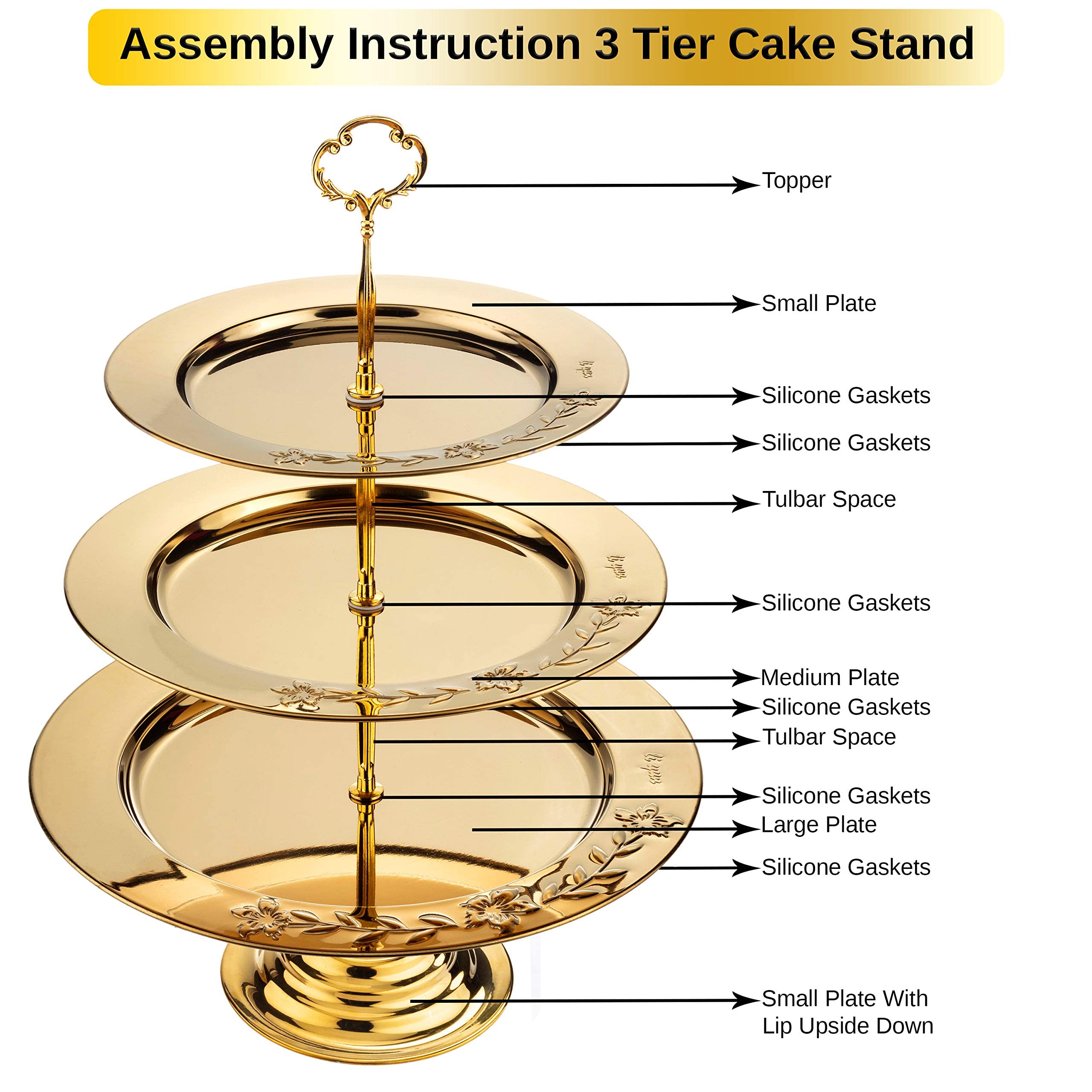 AKSHITHAA Large Food Grade Stainless Steel Three Tier Gold Cupcake Stand-Gold Dessert Stand-Gold Serving Tray-Three Tiered Gold Cake Stand for Weddings with Extra Gold Cake Server, Dishwasher Safe